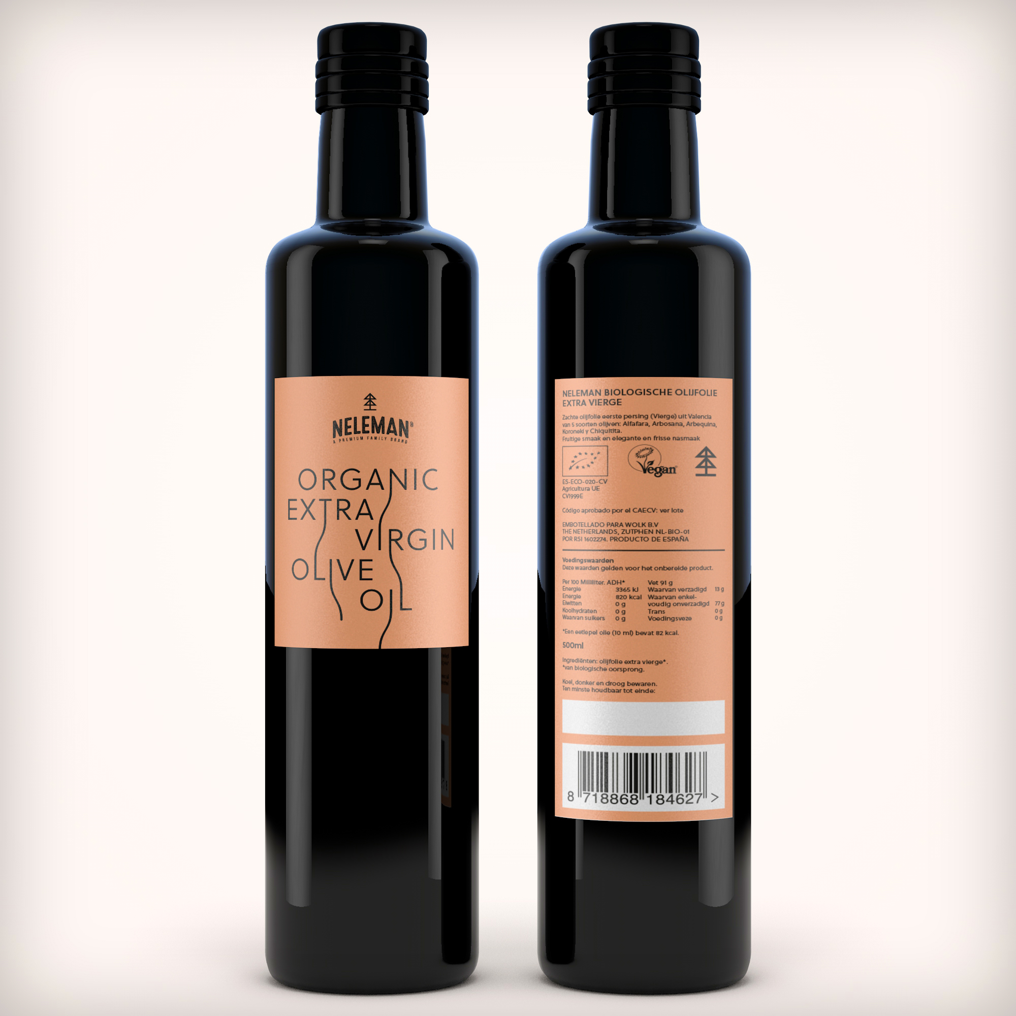 Fles etiket voor Neleman organic extra virgin olive oil - Duplo